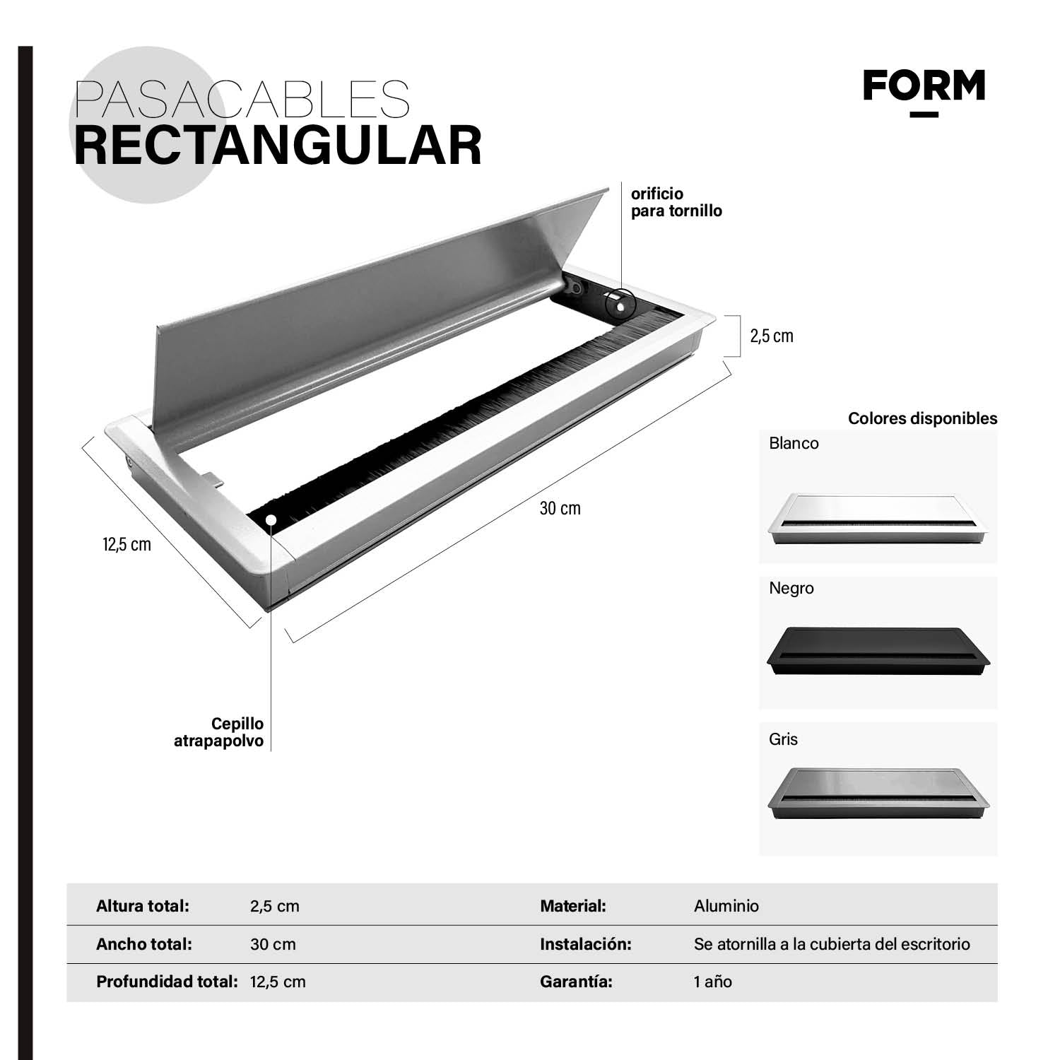 Pasacables Rectangular Gris claro